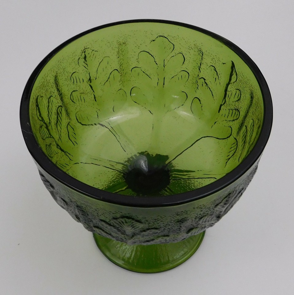 FTD Green Glass Compote Vase Candy Dish Oak Leaf Design 1975 Vintage | eBay