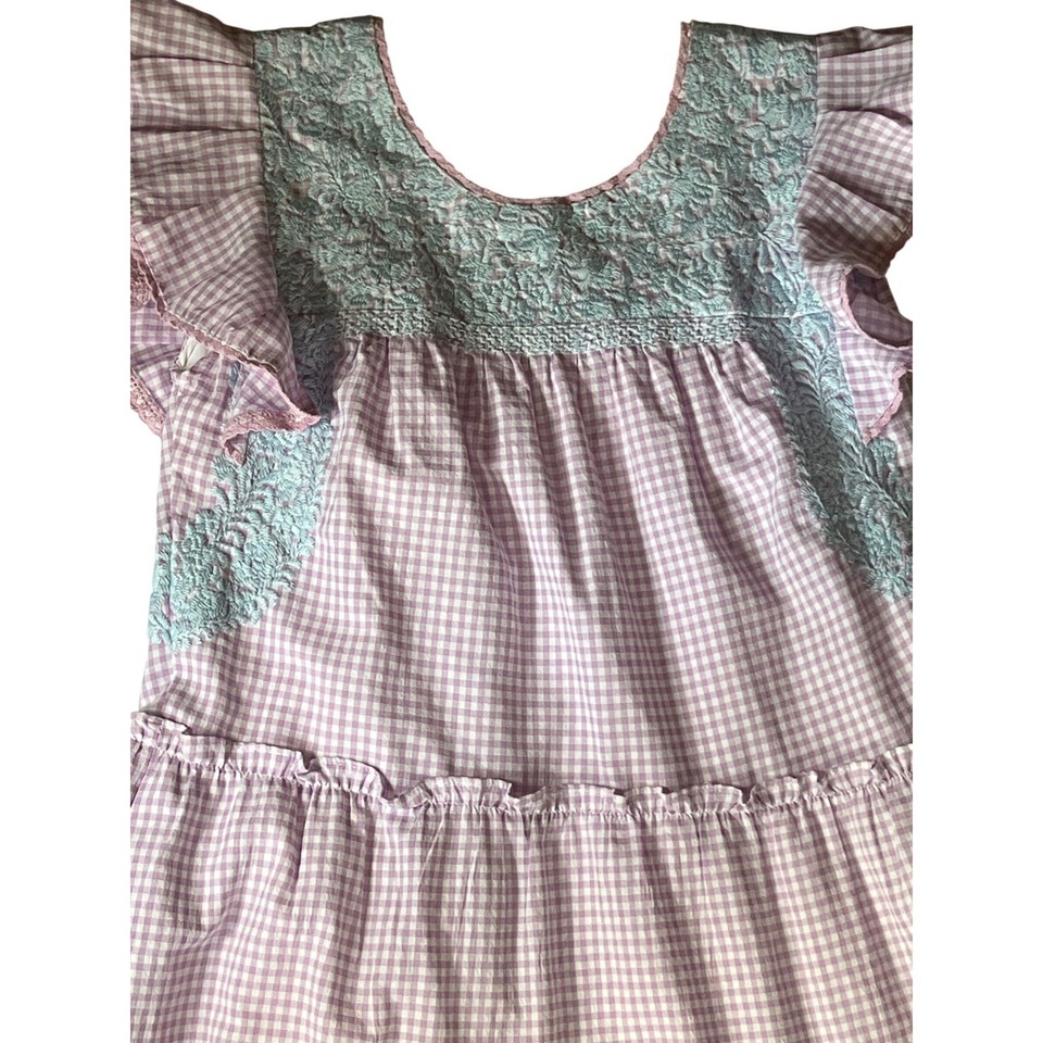 J. Marie Gingham Tiered Maxi Dress XS Purple Blue Embroidered Ruffle ...