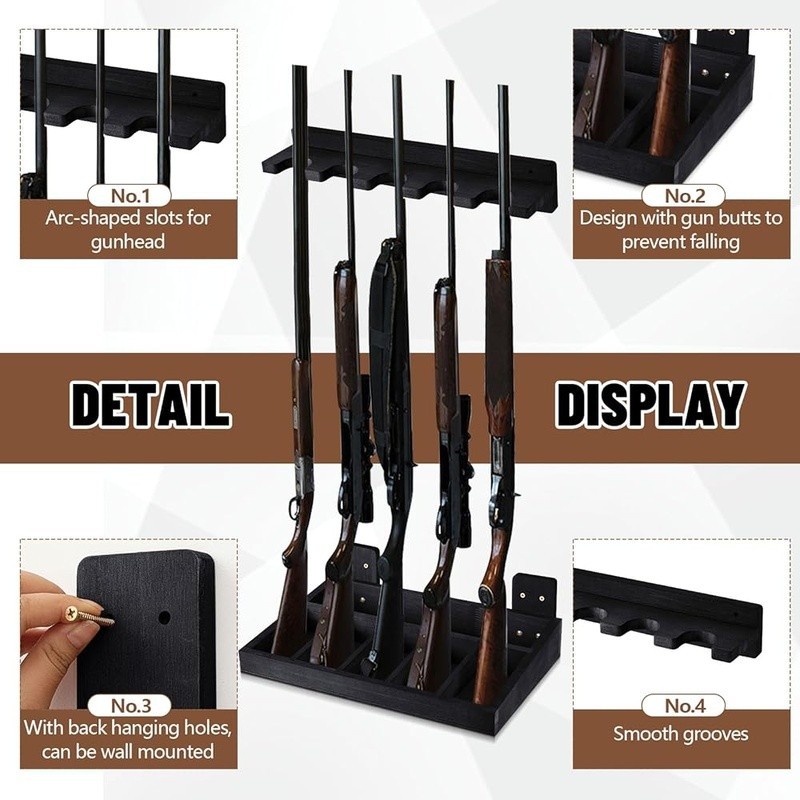 Wall Mounted Wood Gun Rack Vertical Organizer Holds 5 Firearms Storage ...