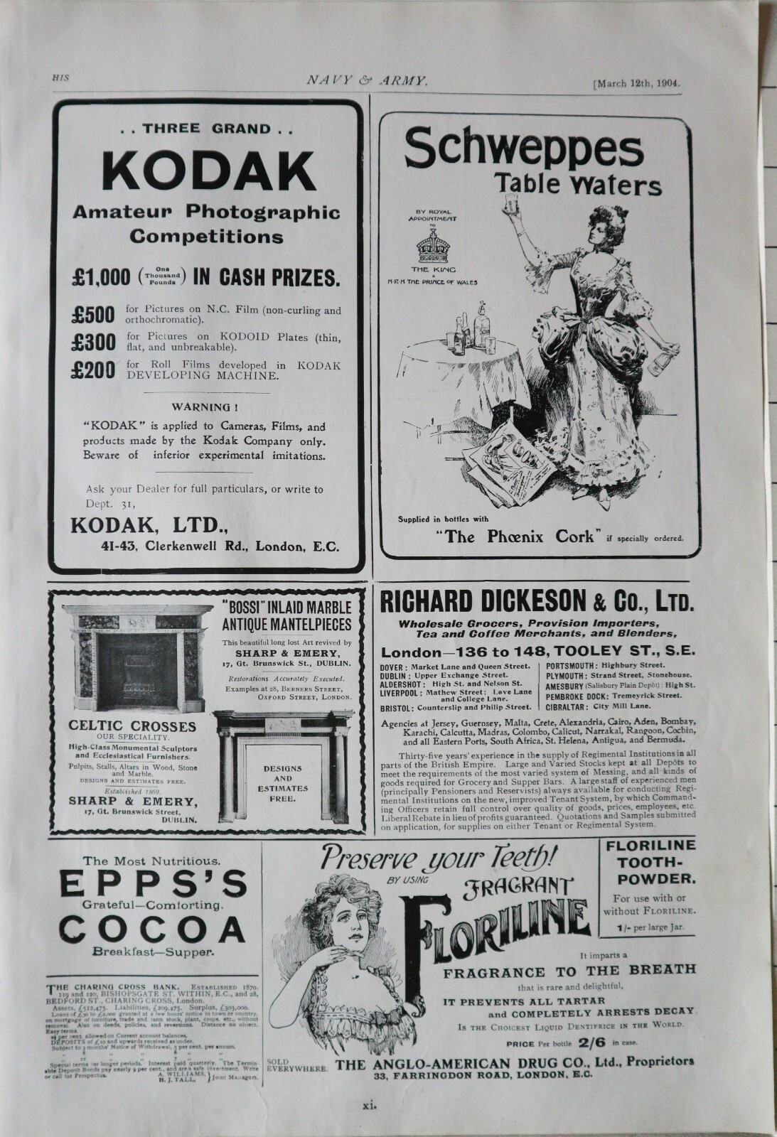 1904 PRINT ADVERTS - EPPS'S COCOA - KODAK PHOTO - SCHWEPPES TABLE ...