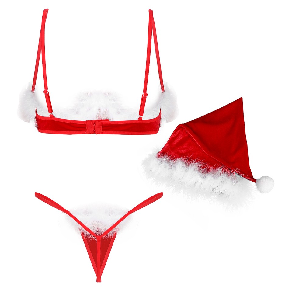 Women Christmas Lingerie Set Underwire Bra Thongs Xmas Hat Santa Claus ...