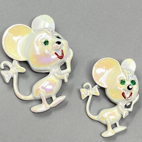 VTG 60s Mouse Pin Brooch White Enamel Iridescent Bow Tail Scatter Lot ...