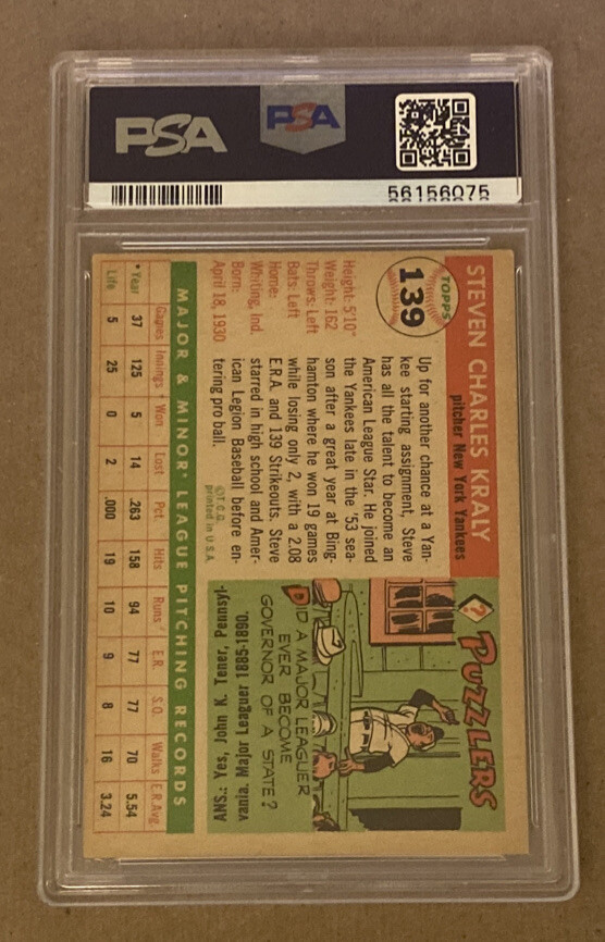 1955 Topps Baseball Steve Kraly New York Yankees Card #139 PSA 4 | eBay