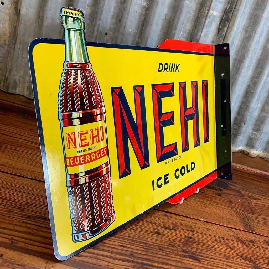 Vintage Authentic Drink NEHI Double Sided Flange Metal SIGN Soda Man ...