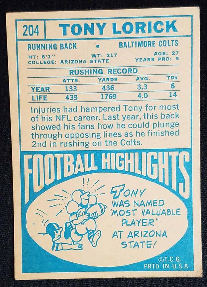 1968 Topps #204 Tony Lorick Rookie RC Baltimore Colts VG-EX | eBay