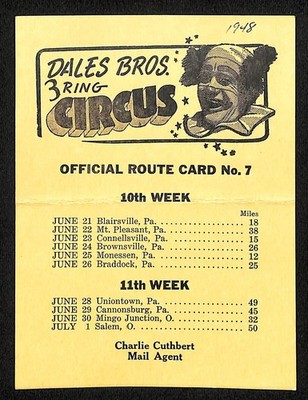 Dales Bros. 3 Ring Circus Official Route Card No. 7 1948 Vintage ...
