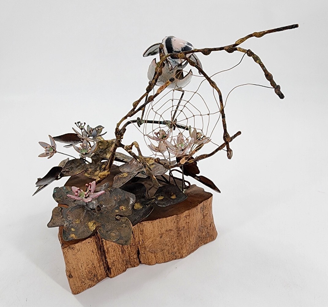 Norman Brumm Enamel Copper Sparrow Bird on Wood Raw Leaves Spider Web ...