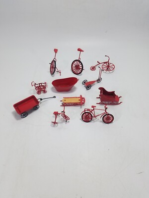 Dollhouse Miniature Red Metal Bikes, Wagon, Sled, Tub, Cart, Sleigh and ...