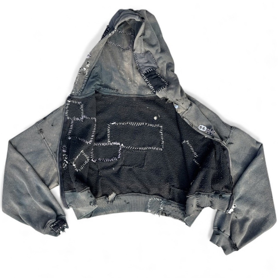 Vintage Distressed Crust Punk Patchwork Cropped Zip Up Hoodie Unisex ...