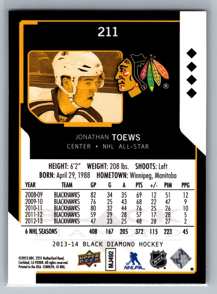 2013-14 Upper Deck Black Diamond #211 Jonathan Toews Chicago Blackhawks ...