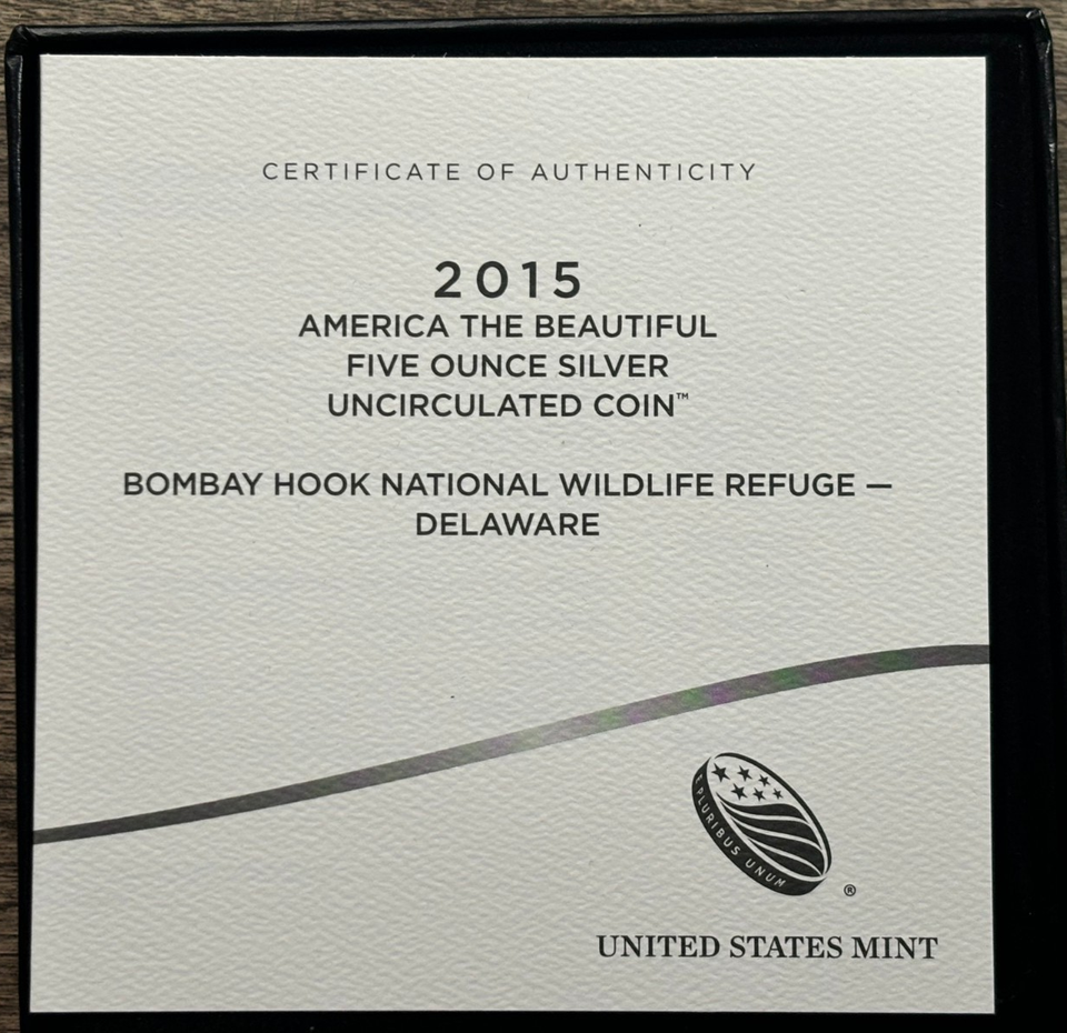 2015-P ATB Bombay Hook 5 OZ. SILVER U. S. Mint COIN BOX & COA ...