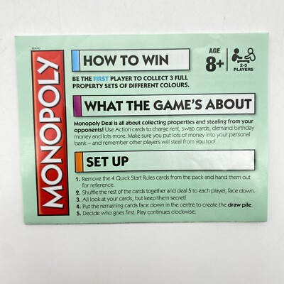 Monopoly Card Game 2008 Instructions Manual Rules Replacement Part | eBay