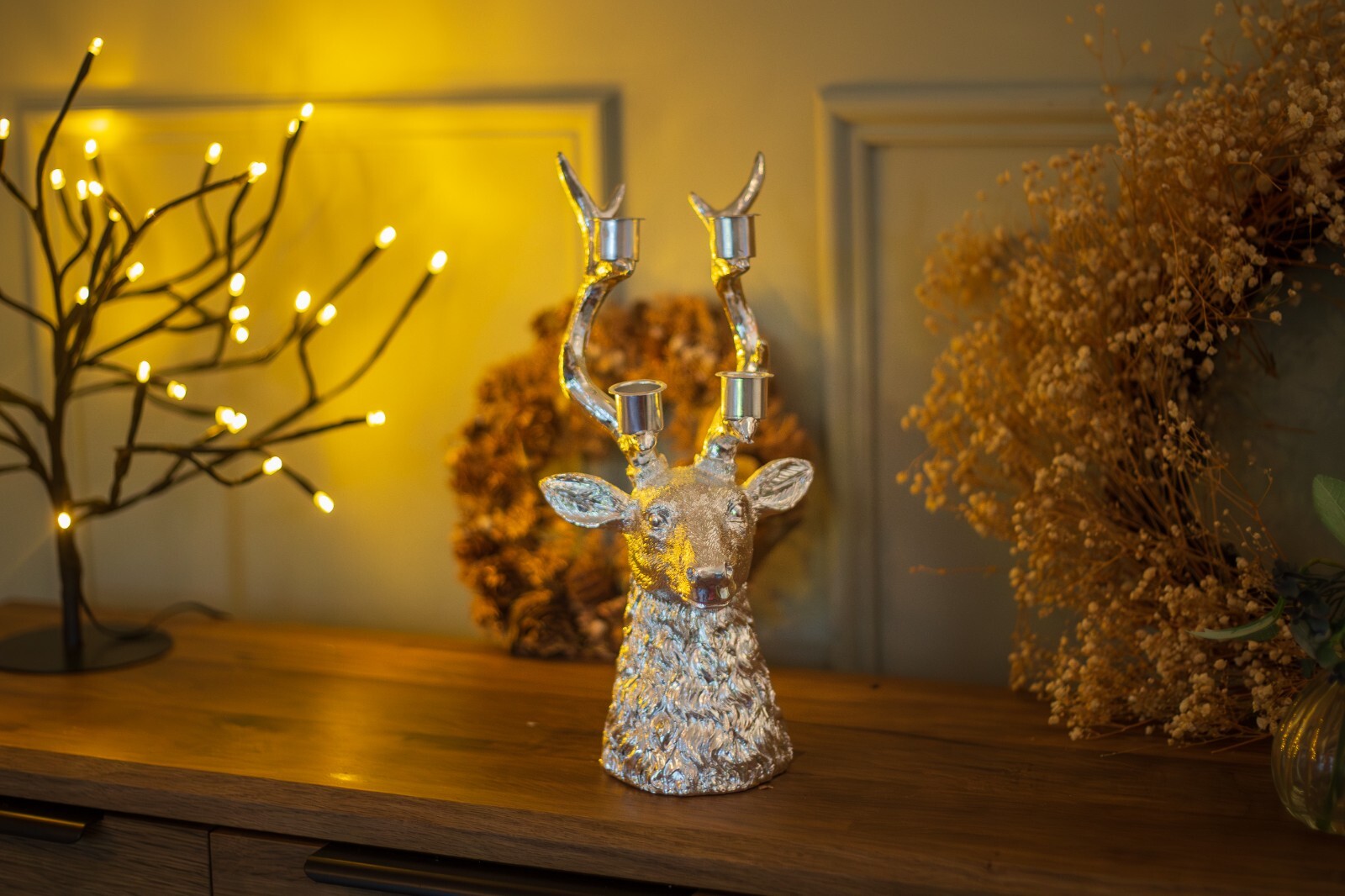 Silver Stag Head 4 Taper Candle Holder Deer Antler Ornamental Home ...