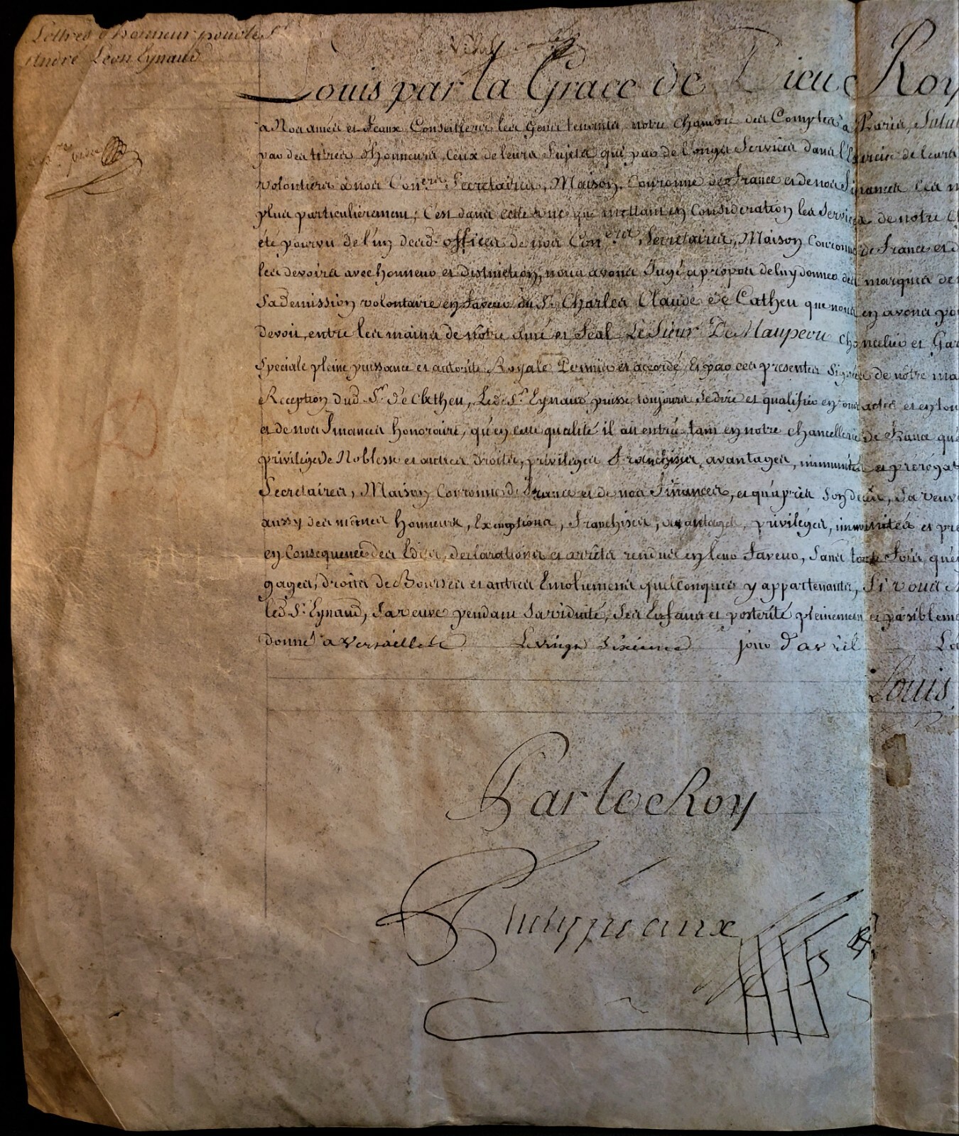 KING LOUIS XV AUTOGRAPH - LETTER OF HONOR GRANTED TO SIR ANDRE-LEON ...