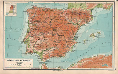 1931 MAP ~ SPAIN & PORTUGAL PHYSICAL ~ CASTILE ANDALUSIA GRANADA LISBON ...