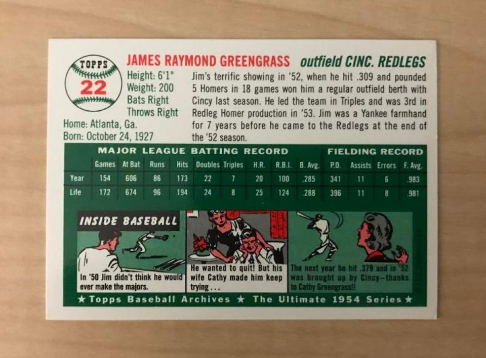 JIM GREENGRASS CINCINNATI REDLEGS AUTOGRAPHED TOPPS ARCHIVES CARD #22 W ...