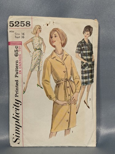 Vtg Simplicity Pattern 5258 Button Front Sheath Dress Tie Belt Sz 16 ...