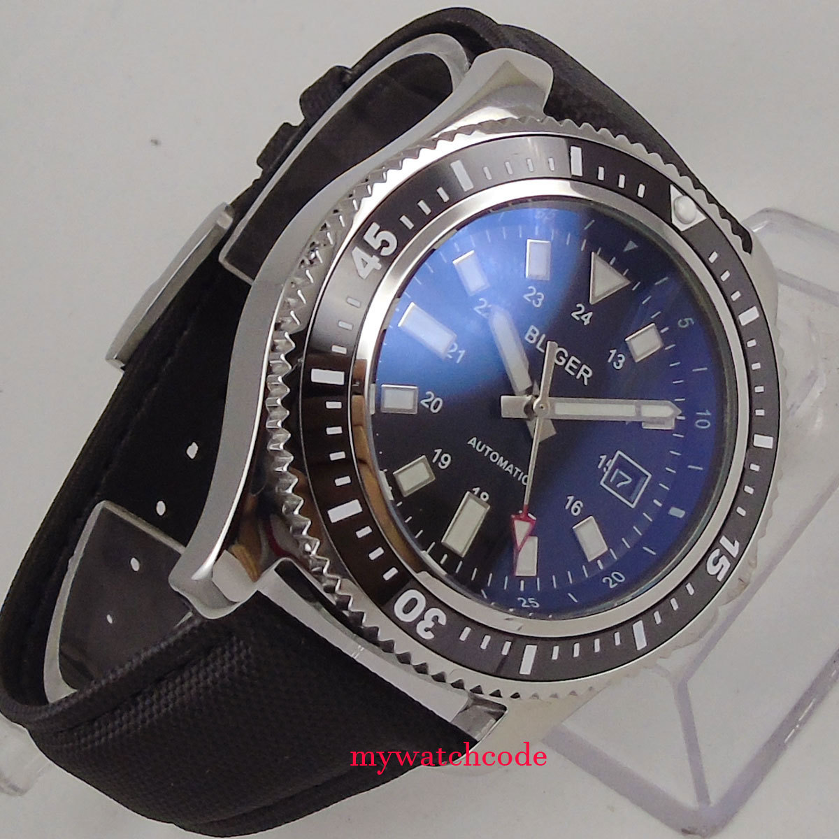 44mm bliger black dial luminous date window leather strap Automatic ...