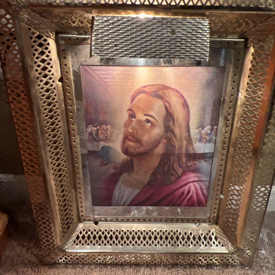 Vtg Jesus - Last Supper Lighted Holographic Picture Ornate Metal Frame ...