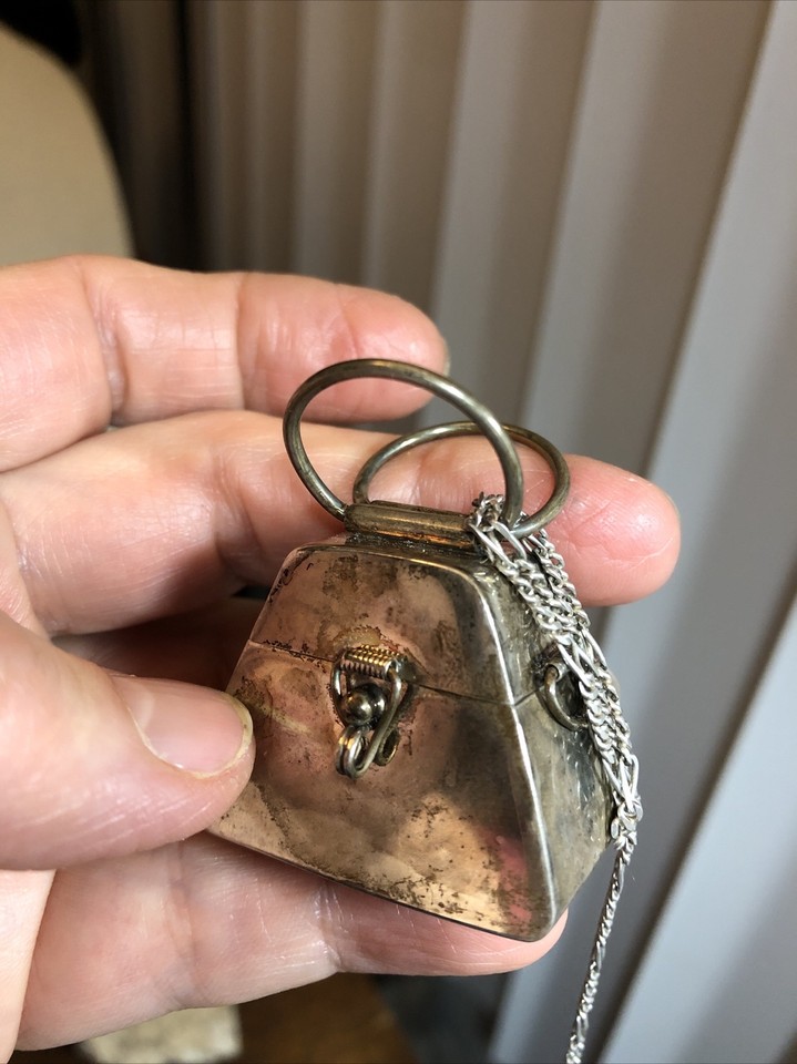 5. TAXCO 925 Sterling Figaro chain 3D PURSE Locket Pendant Necklace 24 ...