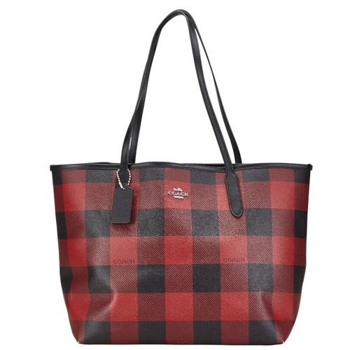 Auth Coach Buffalo Plaid Handbag Tote C7271 Black Red PVC Leather 17.3 ...