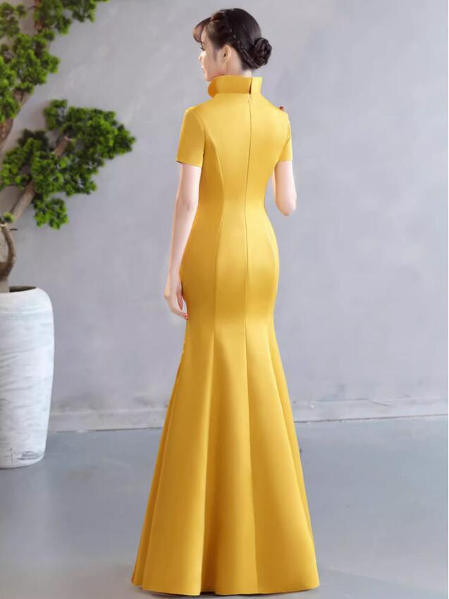 Trendy Mandarin Collar Short Sleeve embroidery Bodycon Fishtail Gown ...