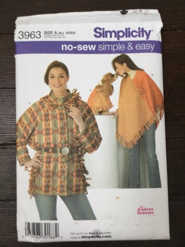 Simplicity 3963 No Sew Easy Jacket Poncho Matching Dog Outfit All Sizes ...