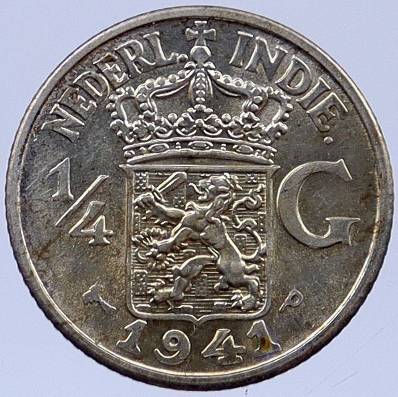 1941 P Netherlands EAST INDIES Queen WILHELMINA Silver 1/4 Gulden Coin ...