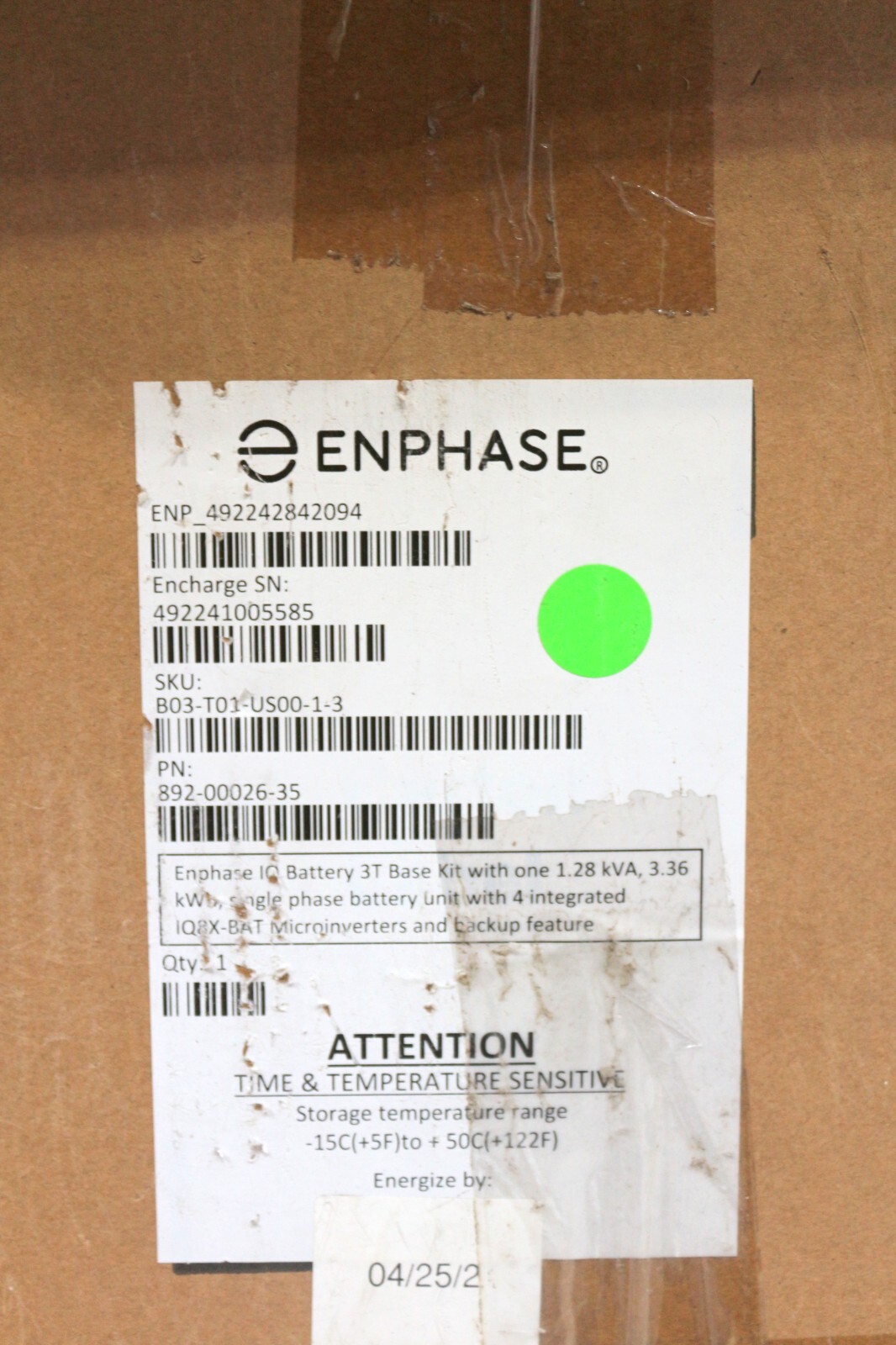 Enphase B03-T01-US00-1-3 IQ Battery 3T Base Kit w/1 3.36kWh 1.28kVA ...