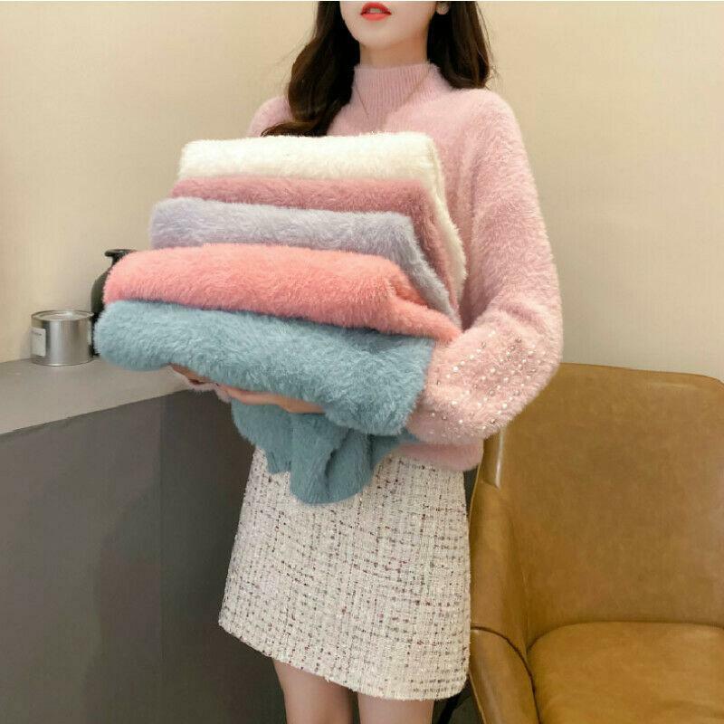 Girls Faux Mohair Fur Sweater Fluffy Jumper Pullover Top Turtleneck ...