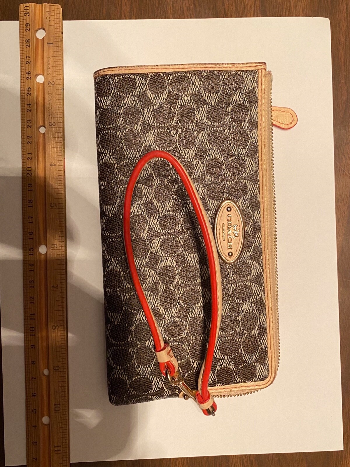 coach, clutch wallet, coach pattern with red accents,… - Gem