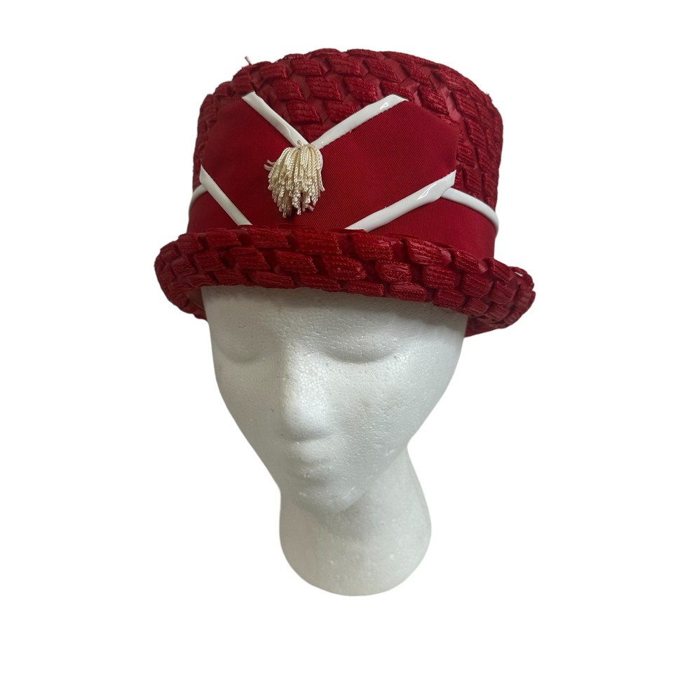 Vintage 1960s Red White MId Century MoD Straw Tall HAt | eBay