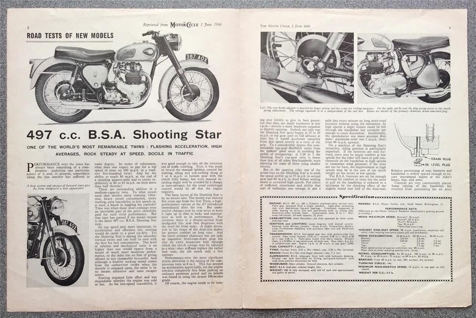BSA 497cc SHOOTING STAR Motorcycle ROAD TEST The Motor Cycle Reprint ...