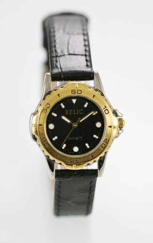 Relic Watch Womens Black Leather Stainless Gold Silver Water Resistant ...