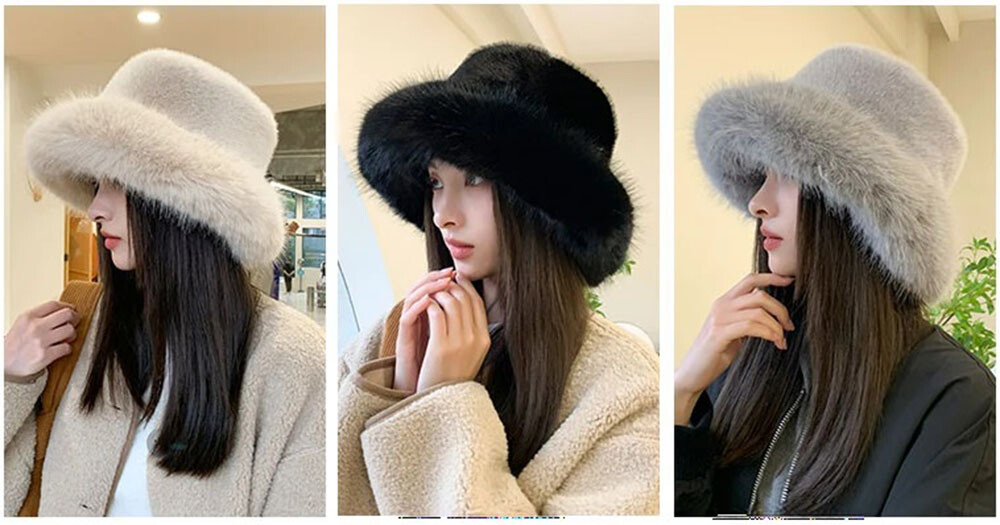 New Big SUPER FLUFFY TRIM thick Faux fur bucket hat women's winter hats ...