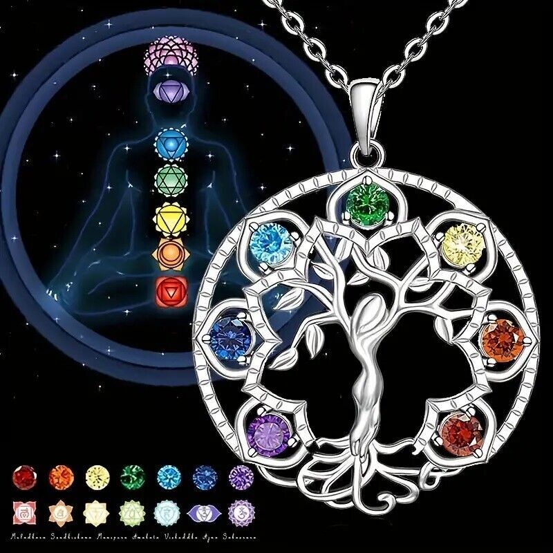 Elegant 925 Sterling Silver Tree Of Life 7 Chakra Healing Gemstones Necklace