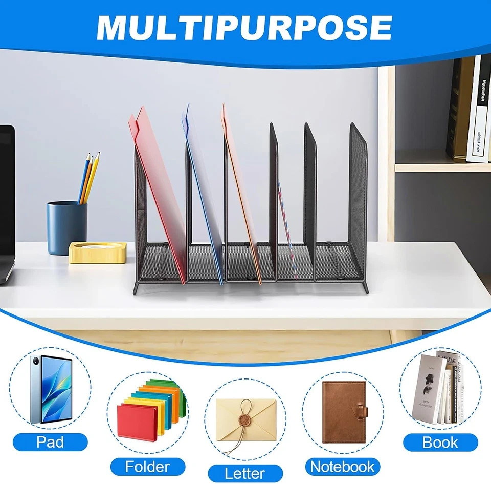 5 Section Desk File Holder/Rack/Sorter Mesh File Organizer File Folder ...