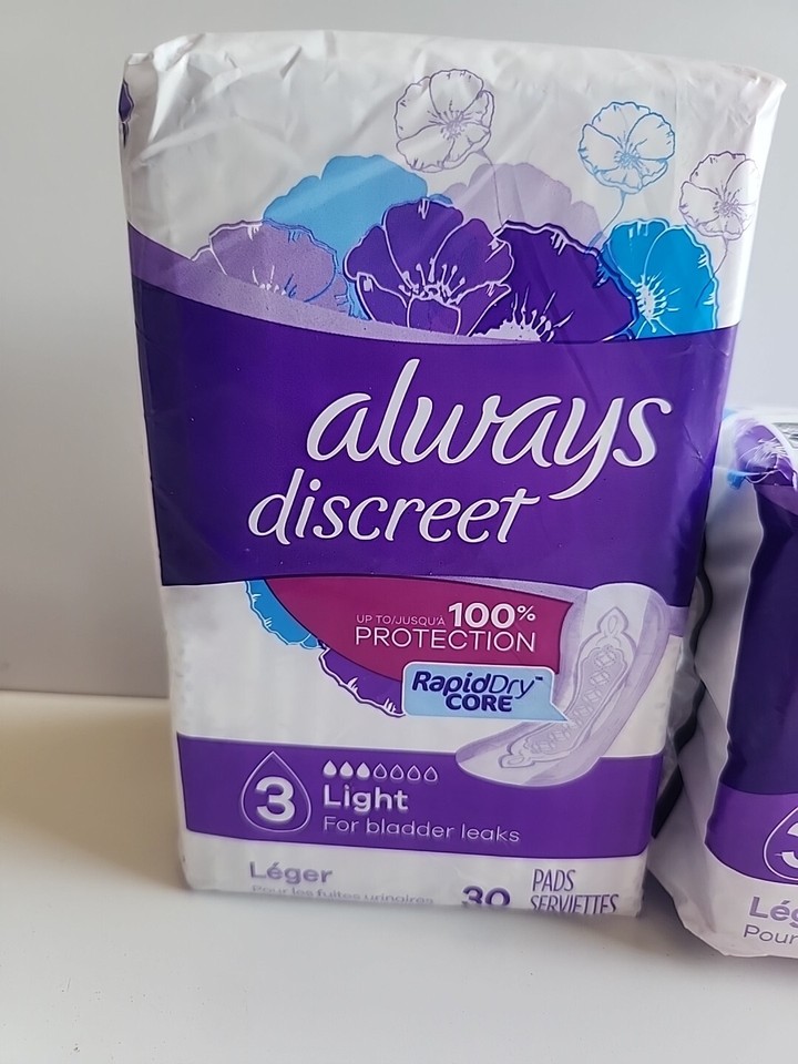 LOT (2) ALWAYS DISCREET INCONTINENCE PADS 3 DROPS LIGHT 30 PADS BLADDER ...