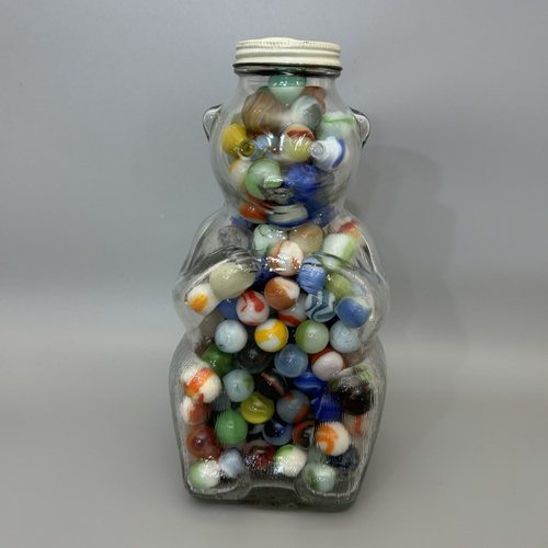 Vtg Marbles in Old BEAR-shaped Snow Crest Bank Bottle Jar Some Glow 8.5 ...