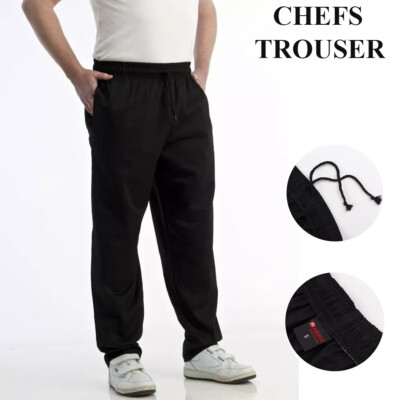 BLACK CHEF TROUSER Catering Elasticated Waist Kitchen Chefs Trousers 3 ...