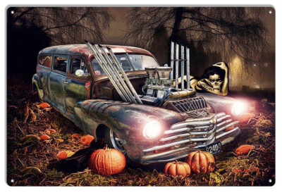 Rat Rod Hearse Halloween Metal Hot Rod Car Sign By Artist Bob Kramer ...