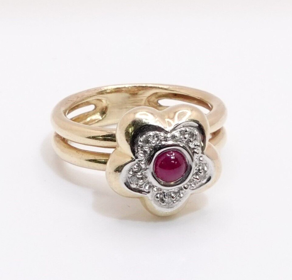 14K Solid Gold Ruby & Diamond Flower Design Ring Band… - Gem