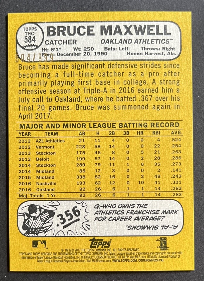 Bruce Maxwell 2017 Topps Heritage High Numbers CHROME Rookie #THC-584 / ...