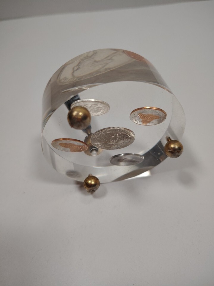 Vintage Lucite Acrylic Paperweight Pen Pencil Holder REAL Silver Coins ...