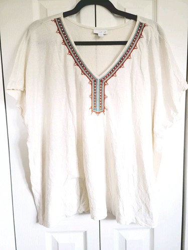 J. Jill L Beige Embroidered Bohemian Linen Blend Short Sleeve V Neck | eBay