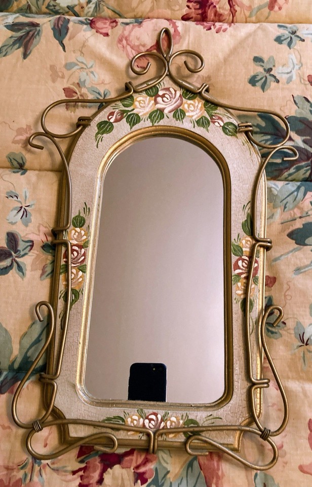 Shabby Cottage Chic Handpainted Floral Mirror 18 X 11” Gold Tone Metal ...