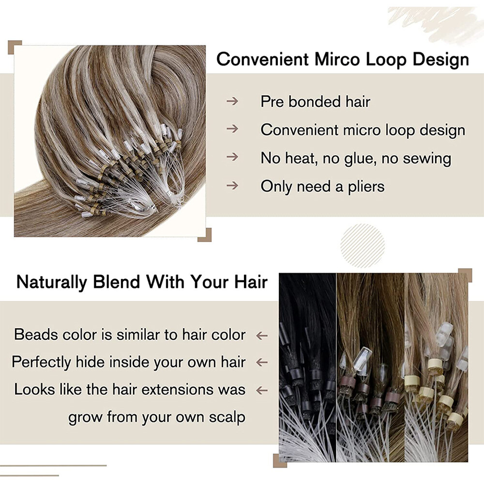 THICK 300S Micro Loop Ring 100% Remy Human Hair Extensions Nano Beads ...