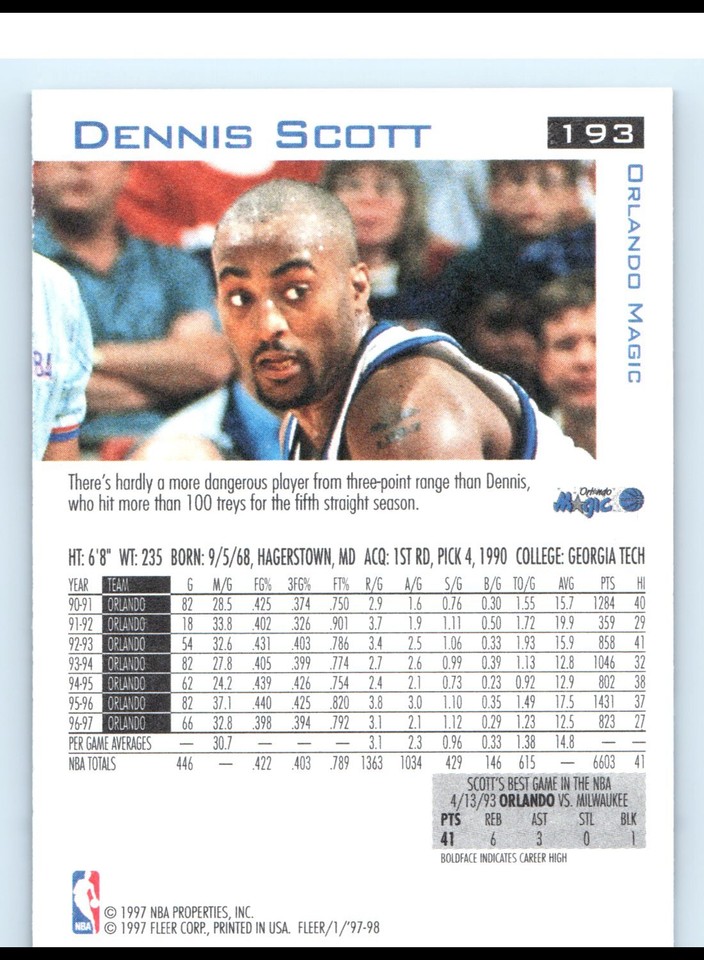 1997 Fleer #193 Dennis Scott Near Mint | eBay