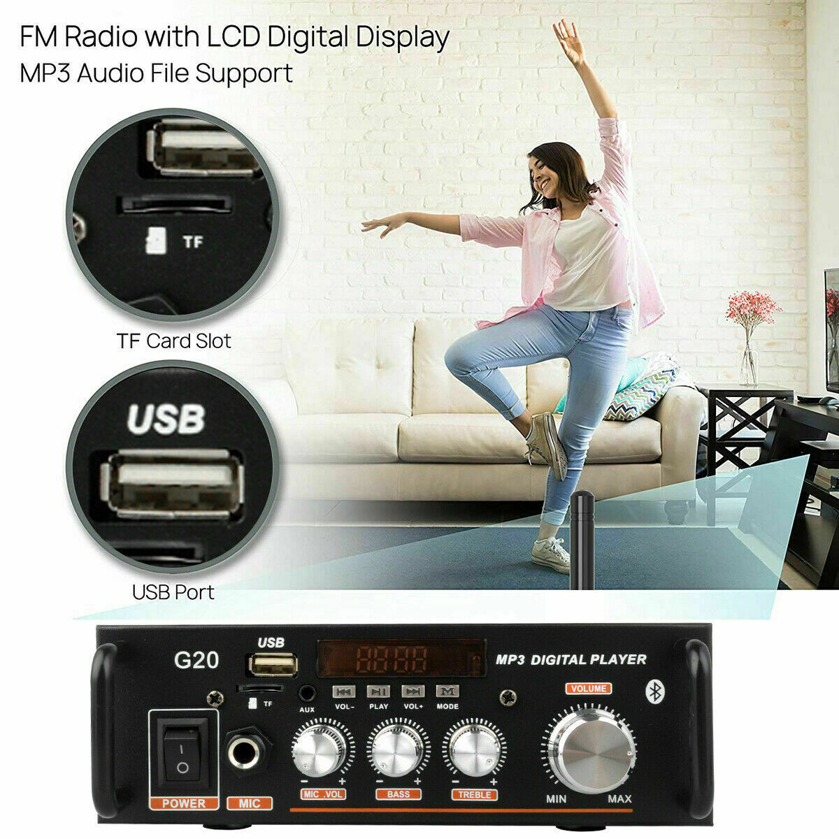 Digital bluetooth Audio Power Amplifier Stereo Amp Remote DC/AC Music ...