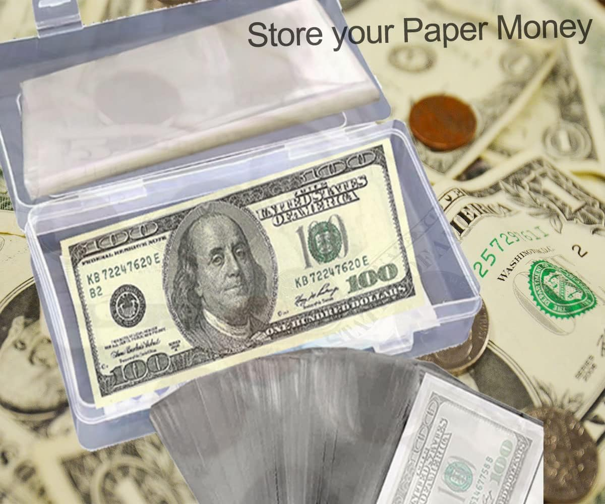100Pcs Money Sleeves Protector Dollar Bill Holder w/ Storage Case for ...